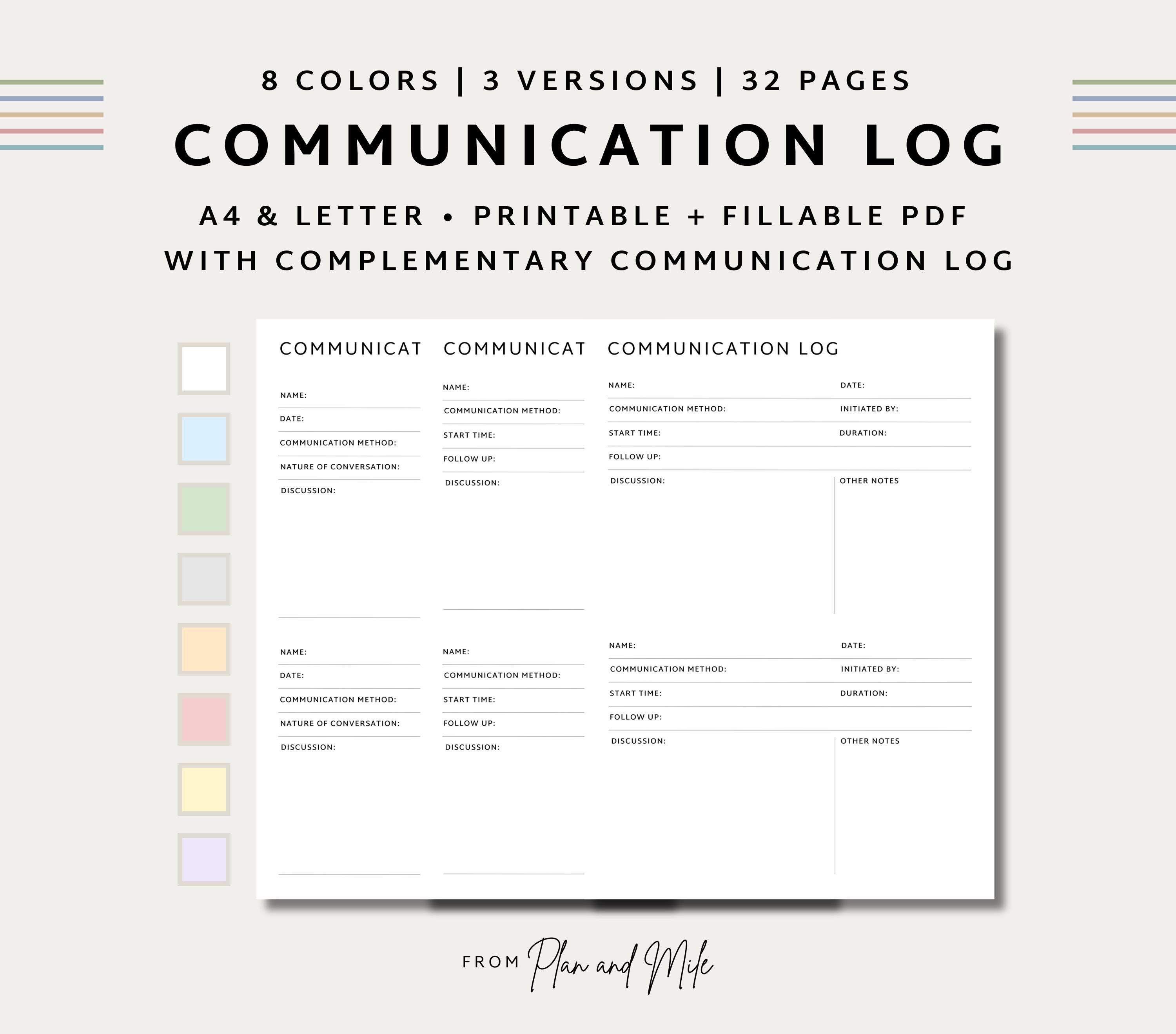 Printable Communication Log, Call Log Template, Parent Communication Log, Conversation Record ...