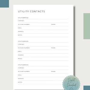 Printable Utility Contacts Template, Service Provider Contact List ...