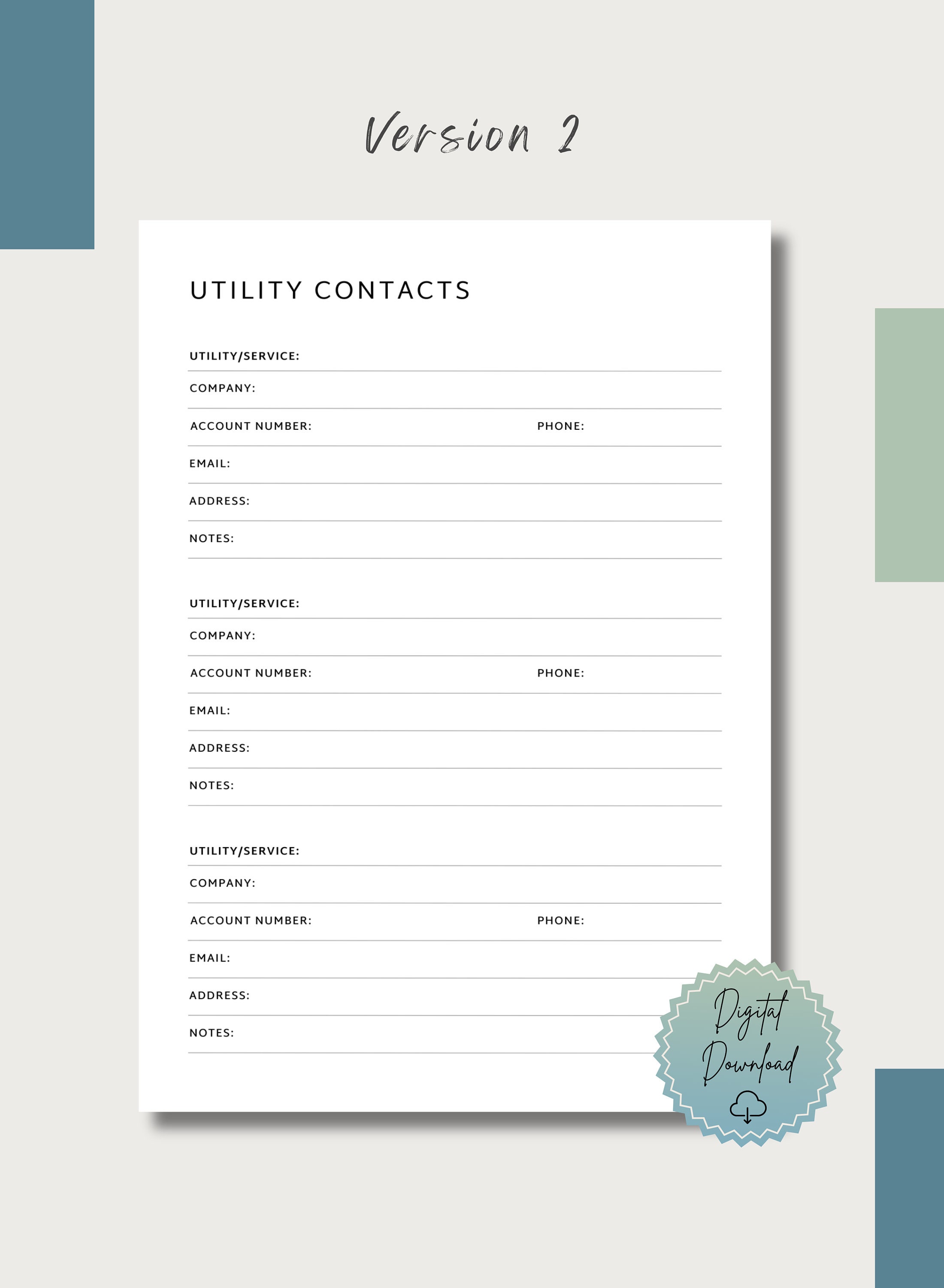 Printable Utility Contacts Template, Service Provider Contact List ...