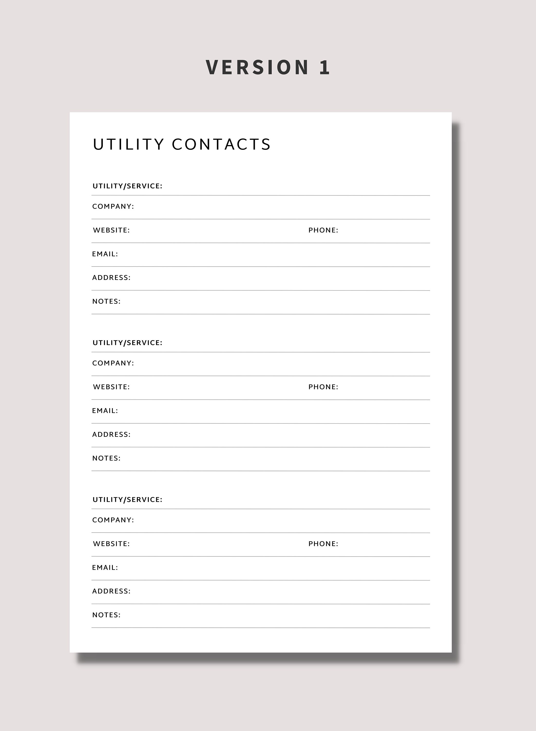 Printable Utility Contacts Template, Service Provider Contact List ...