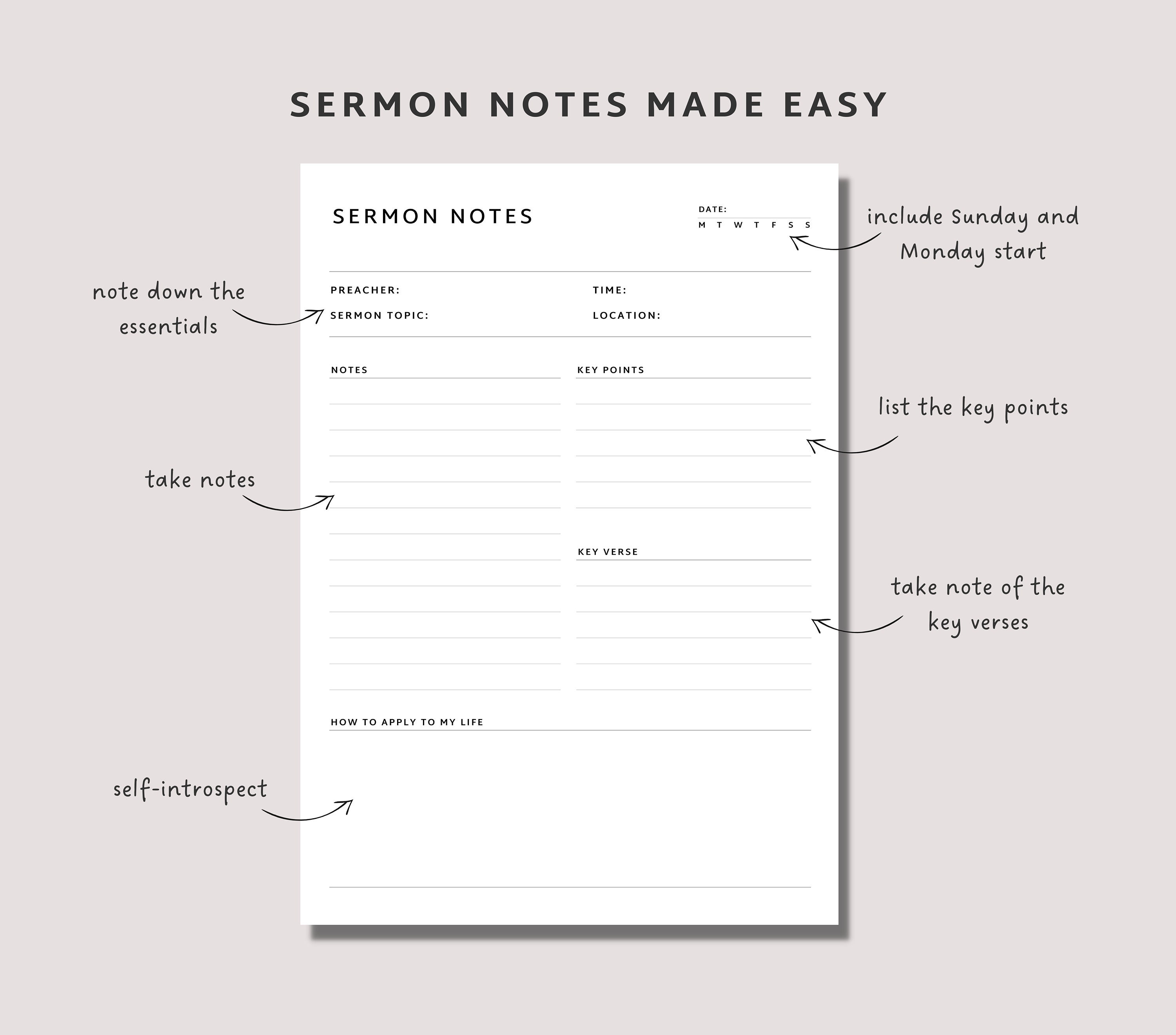 Printable Sermon Notes, Print at Home Faith Planner, Scripture and ...