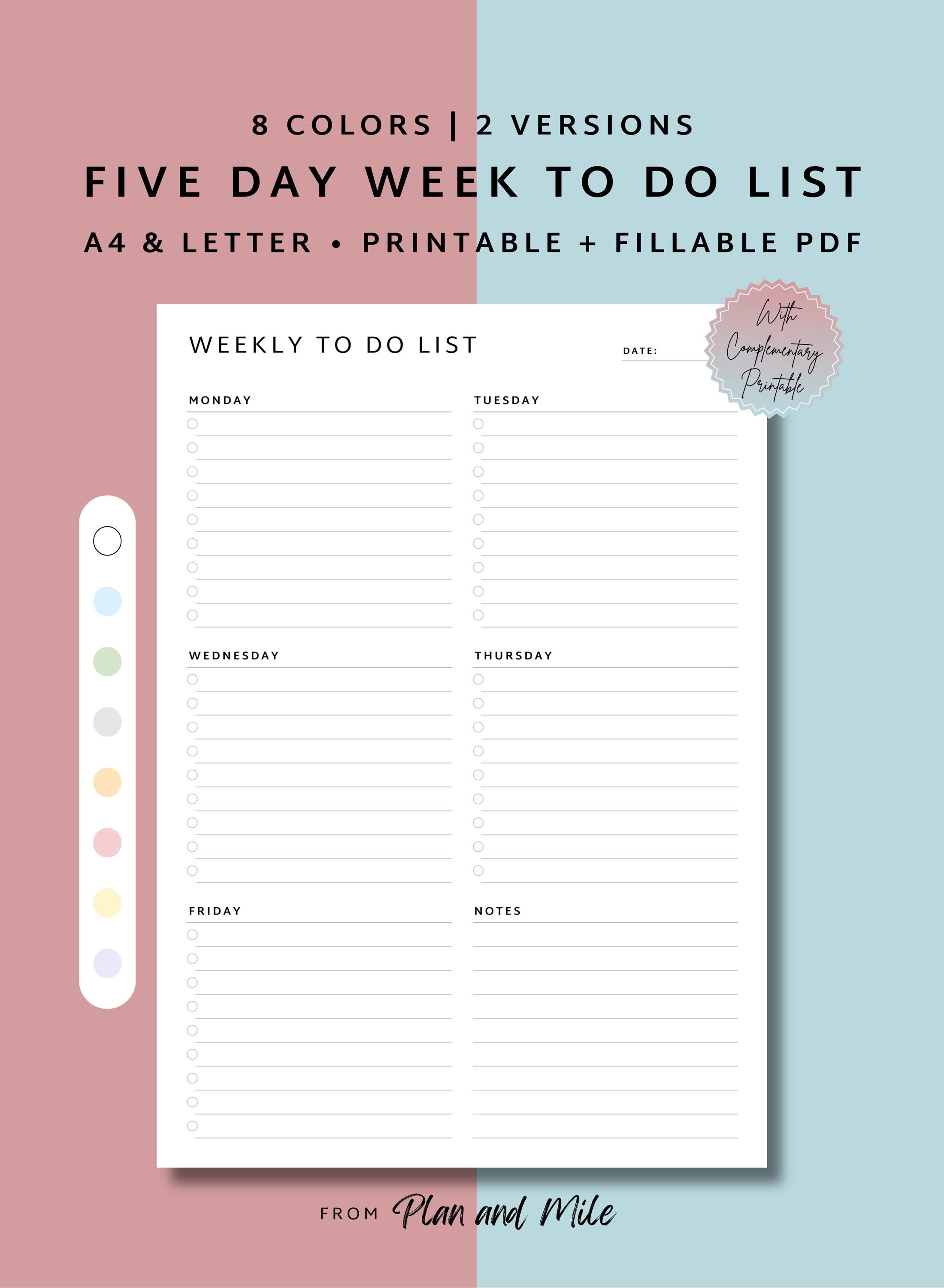 Five Day Week to Do List Printable, Minimal Weekly Planner Template ...