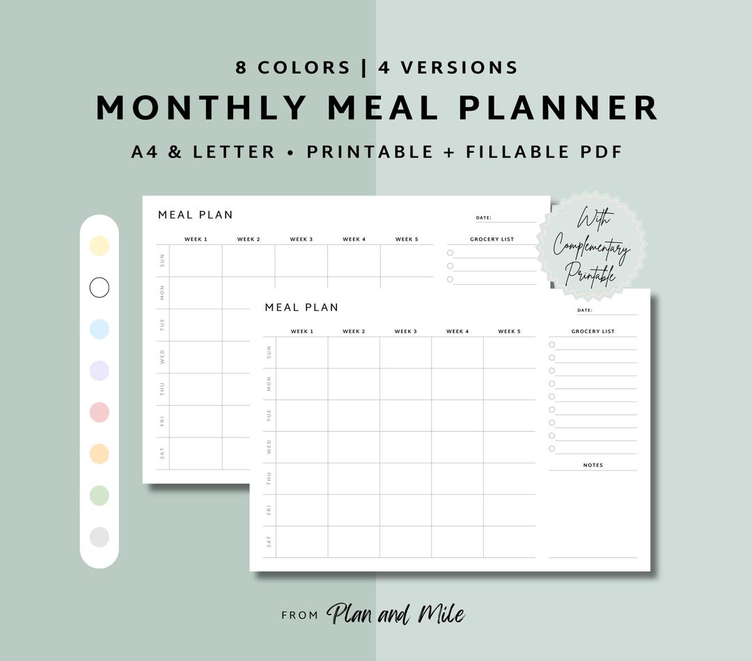 Monthly Meal Planner Printable Landscape, 30 Day Menu Planner, Food ...