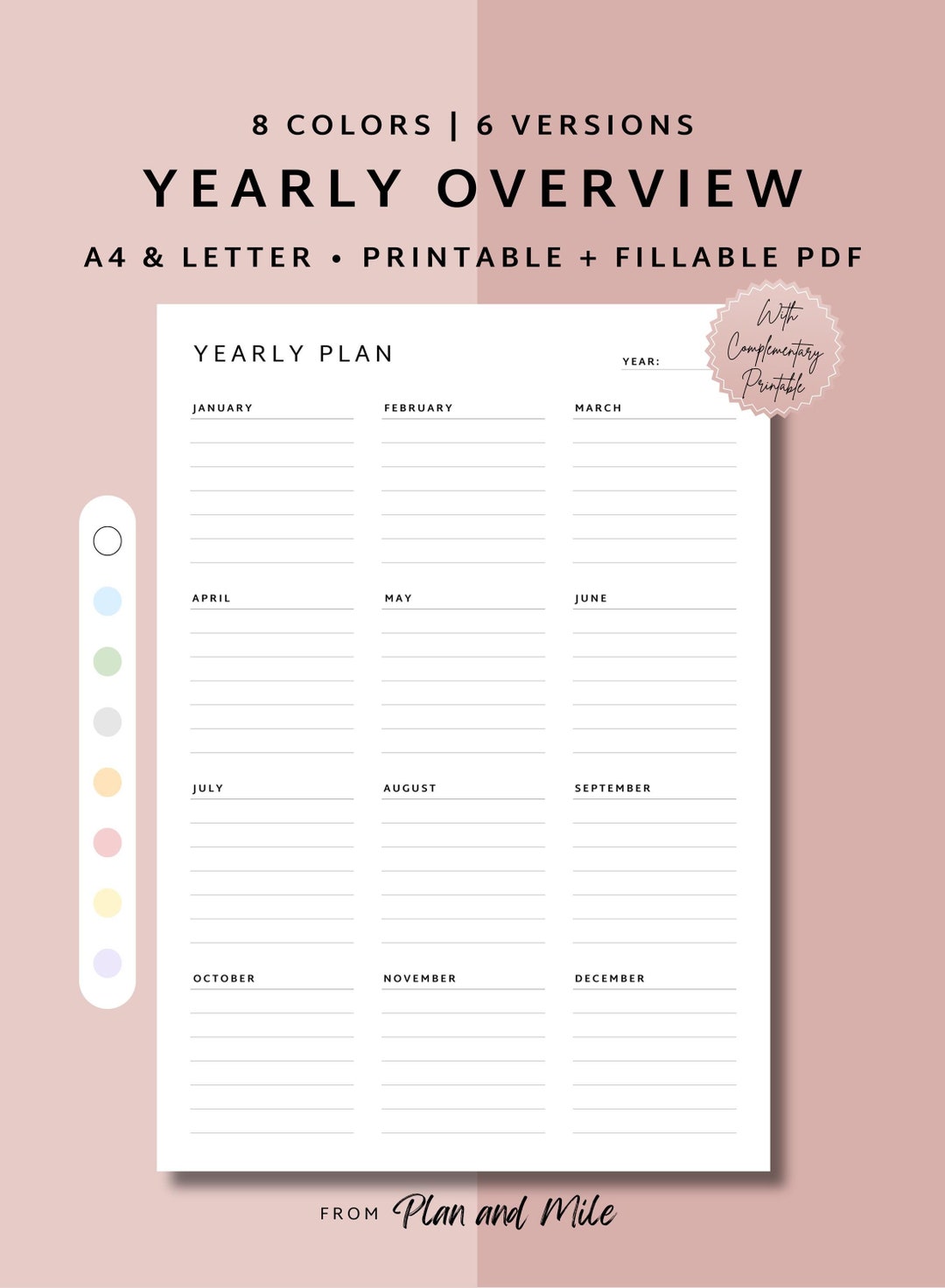 Yearly Overview, Printable Yearly Planner on One Page, Year at a Glance ...