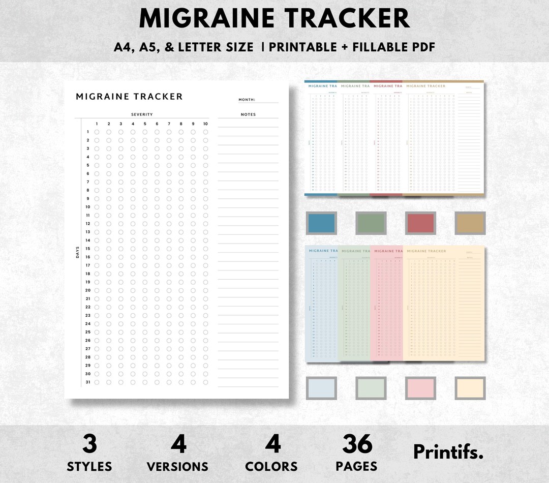Monthly Migraine Tracker Printable Template, Headache Pain Tracker ...