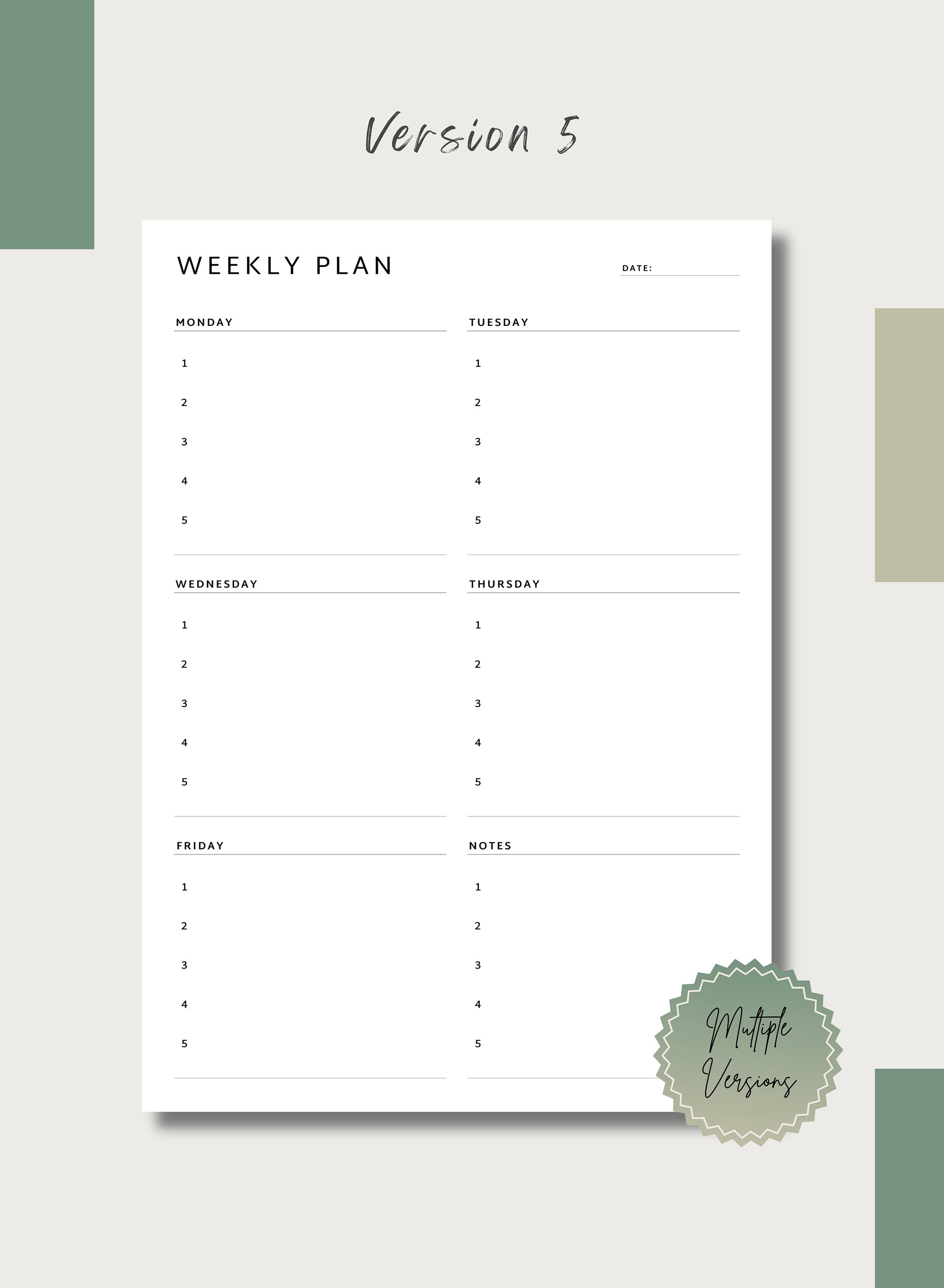Five Day Weekly Planner Printable, Student Planner, Desk Organizer ...