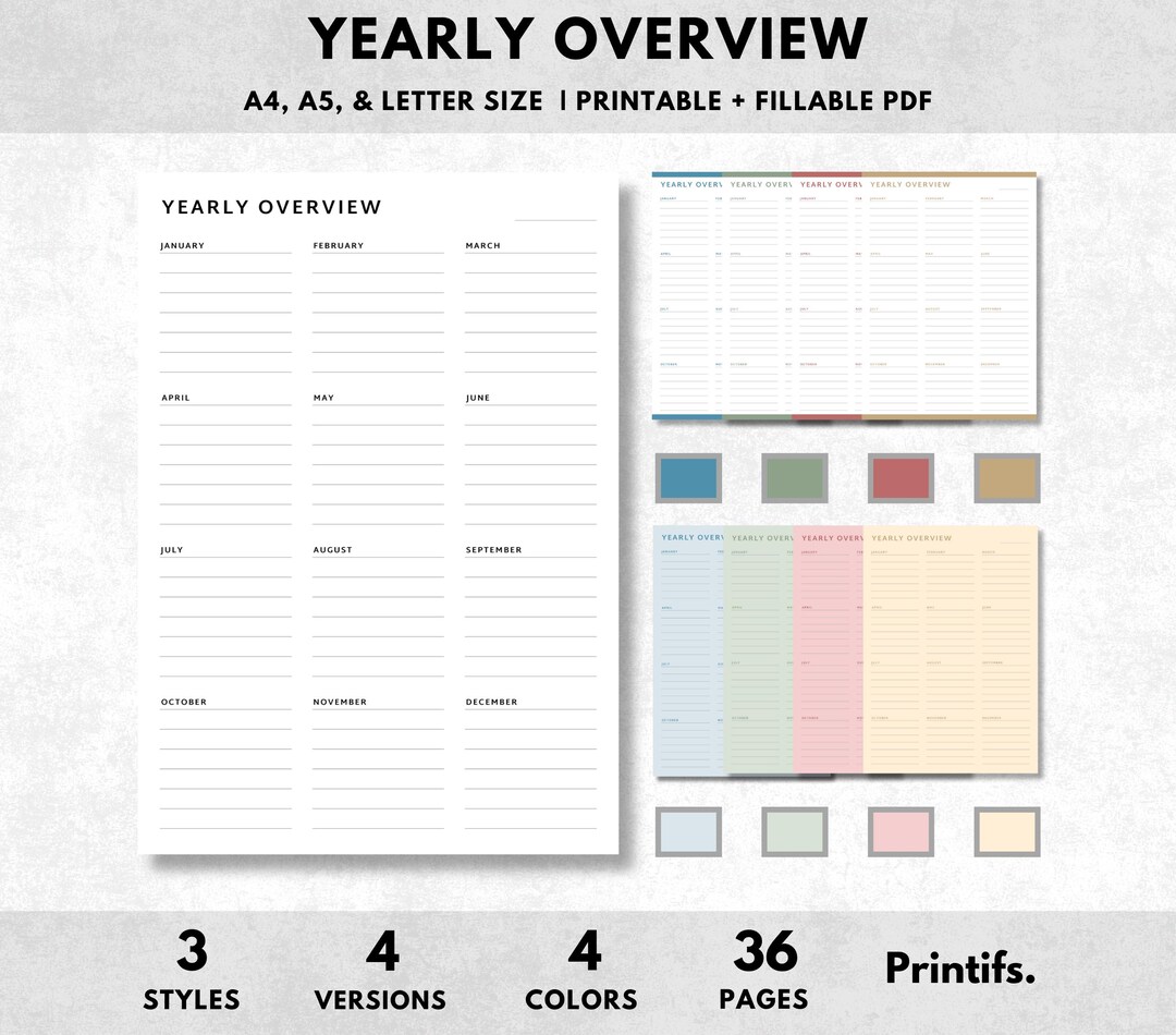 Yearly Overview, Printable Yearly Planner on One Page, Year at a Glance ...
