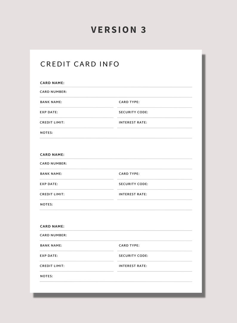 Credit Card Information Tracker Printable & Fillable, Credit Card Log ...