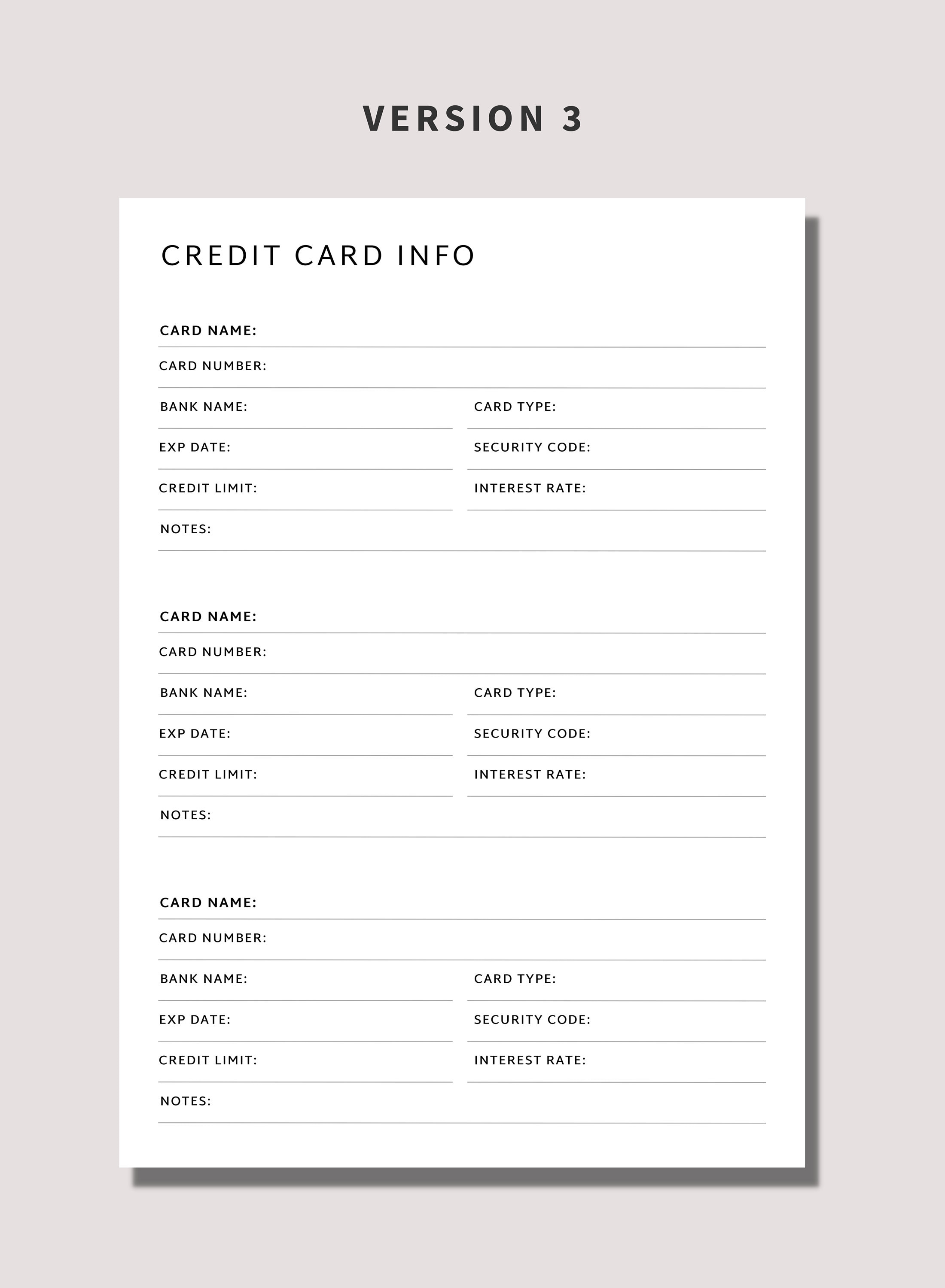 Credit Card Information Tracker Printable & Fillable, Credit Card Log ...
