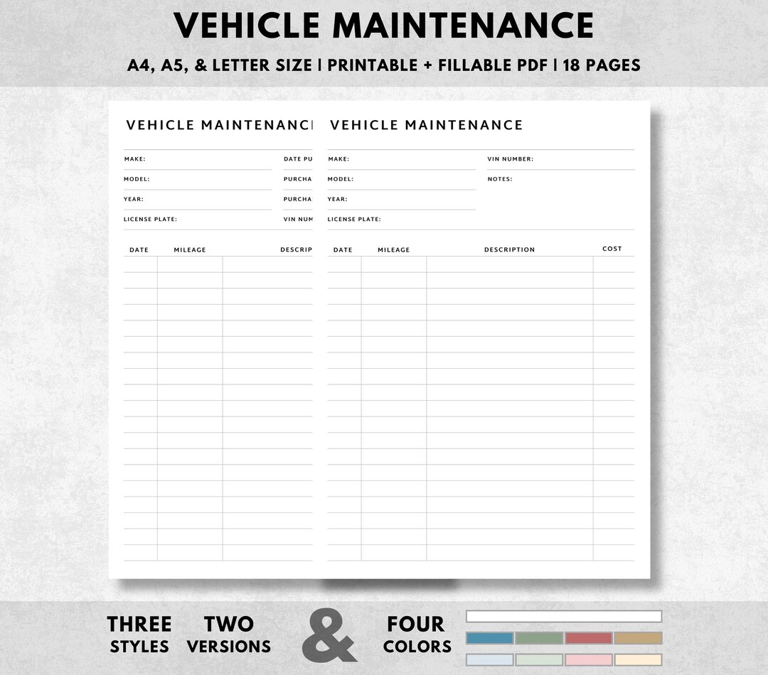 Vehicle Maintenance Log Book, Vehicle Service Tracker, Vehicle Repairs ...