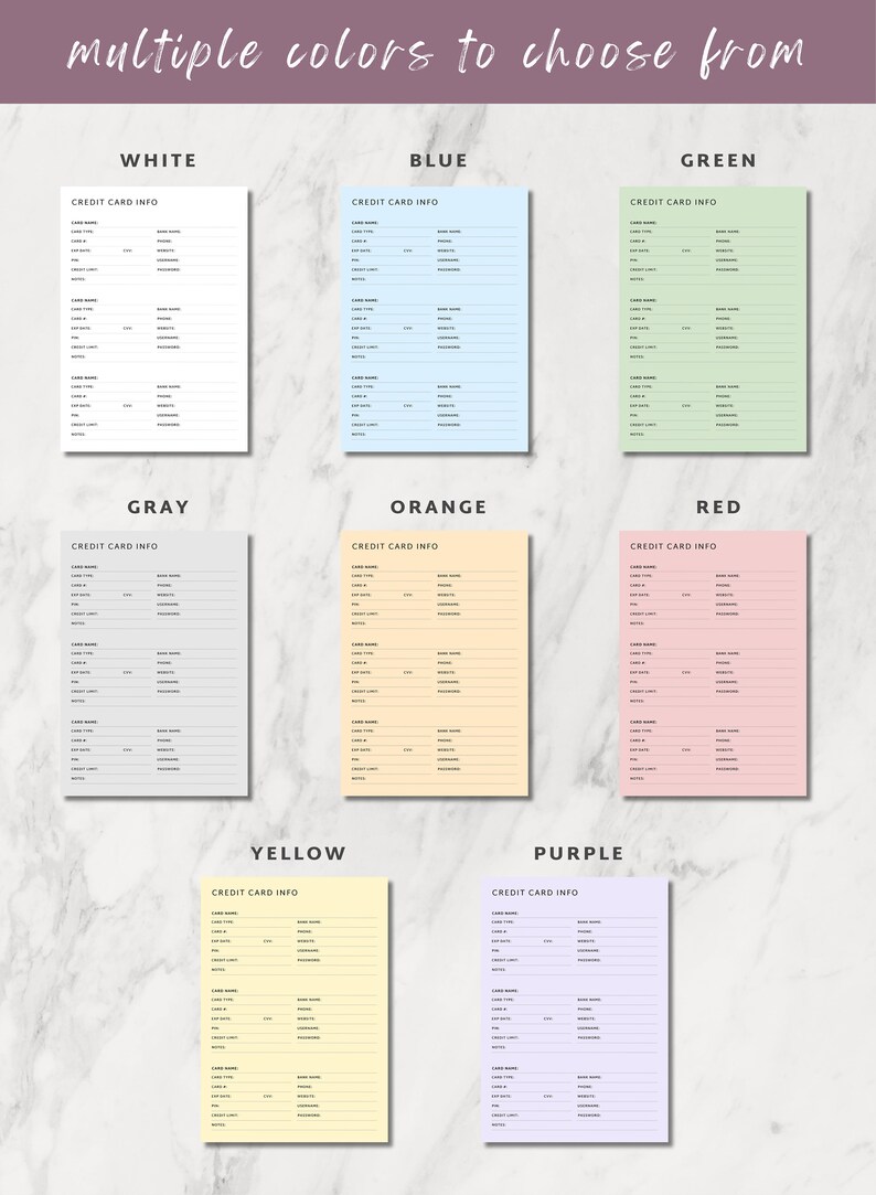 Credit Card Information Tracker Printable & Fillable, Credit Card Log ...