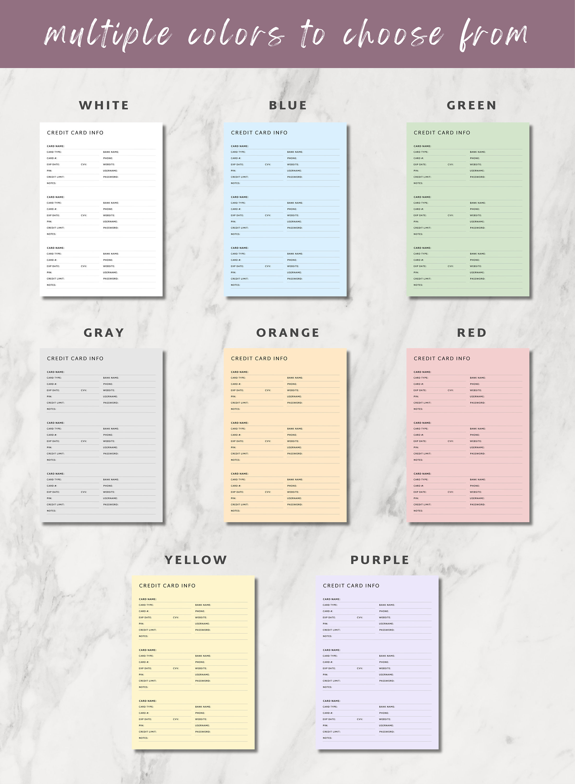 Credit Card Information Tracker Printable & Fillable, Credit Card Log ...