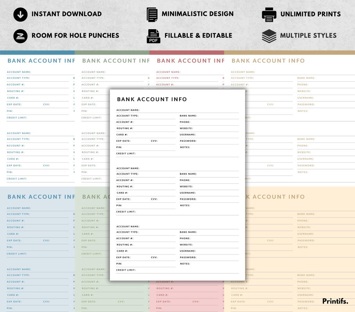 Bank Account Information Tracker Printable, Bank Account Tracker, Bank ...