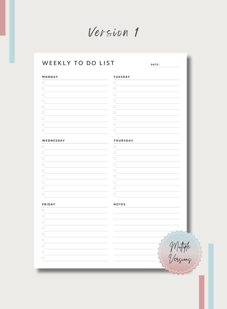 Five Day Week to Do List Printable, Minimal Weekly Planner Template ...
