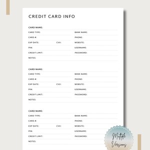 Credit Card Information Tracker Printable & Fillable, Credit Card Log ...