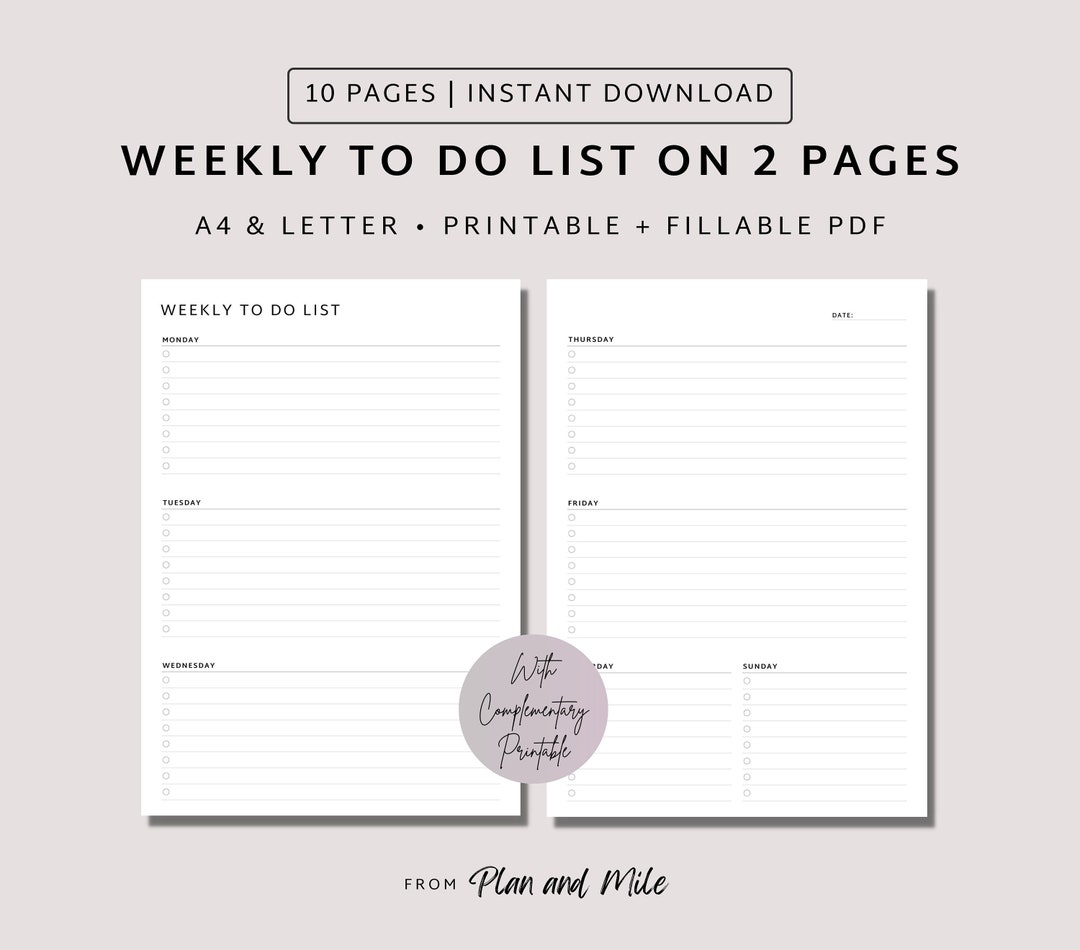 Weekly to Do List on 2 Pages Printable & Fillable PDF Minimal - Etsy