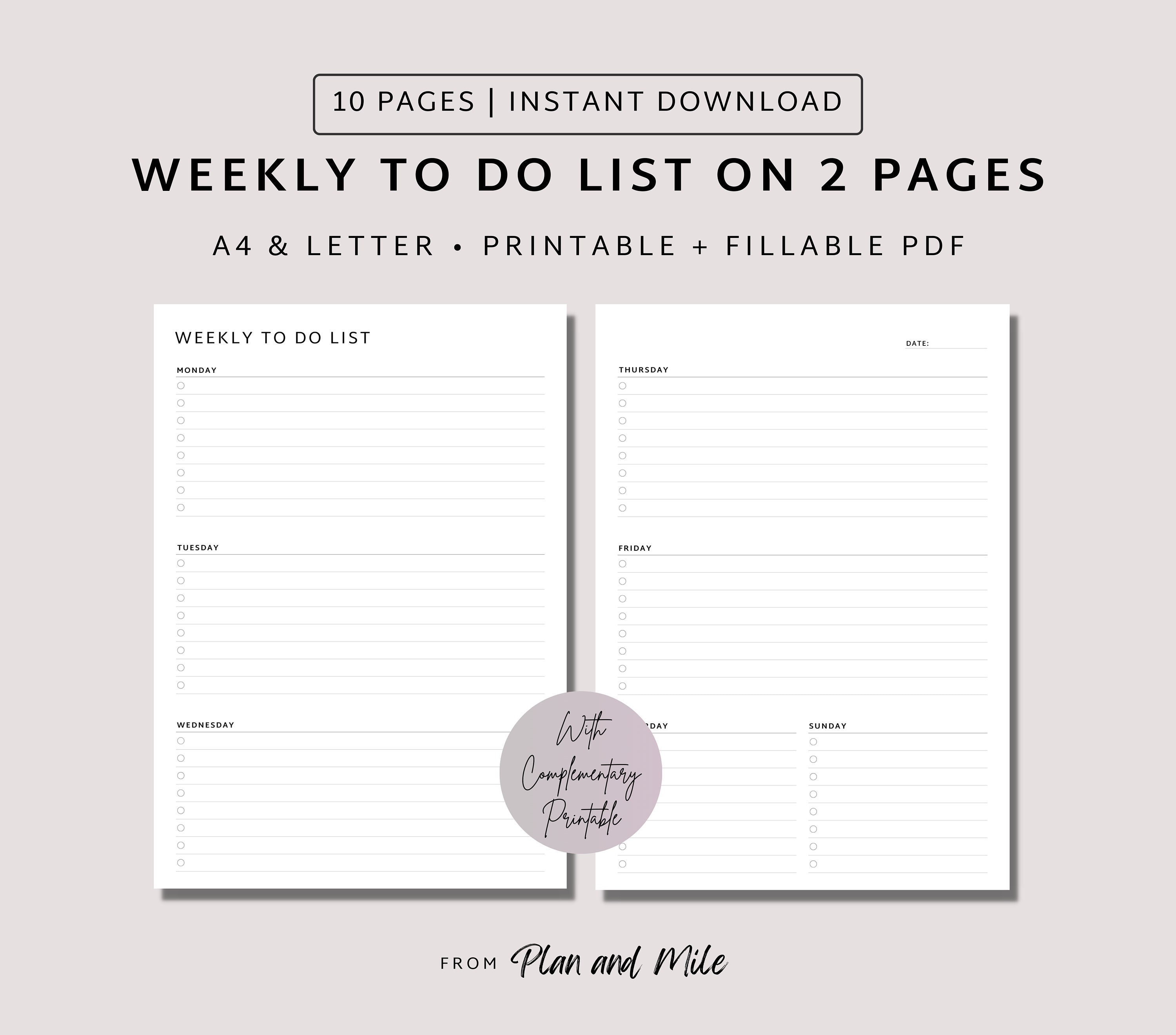 Weekly to Do List on 2 Pages Printable & Fillable PDF Minimal - Etsy