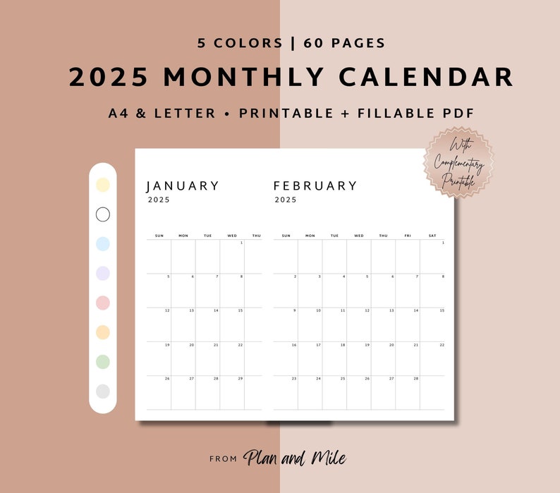 2025 Monthly Calendar Printable & Fillable, Year Calendar Template ...