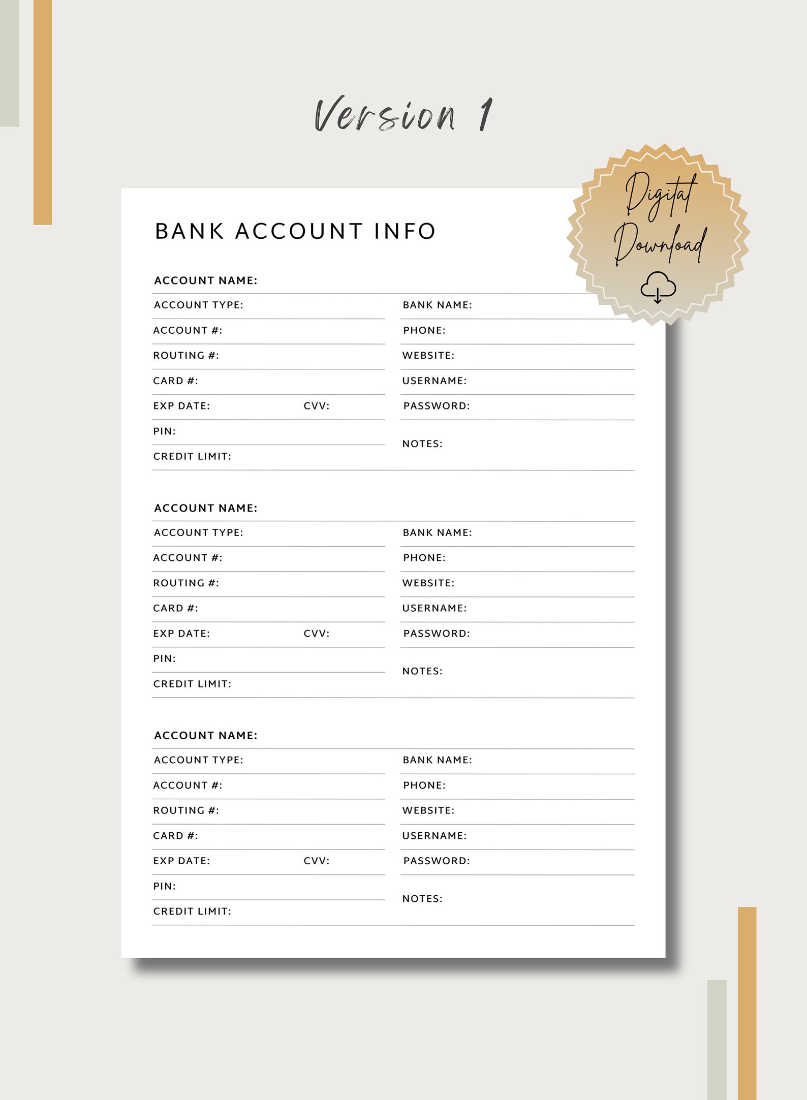 Bank Account Information Tracker Printable, Bank Account Tracker, Bank ...