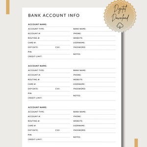 Bank Account Information Tracker Printable, Bank Account Tracker, Bank ...