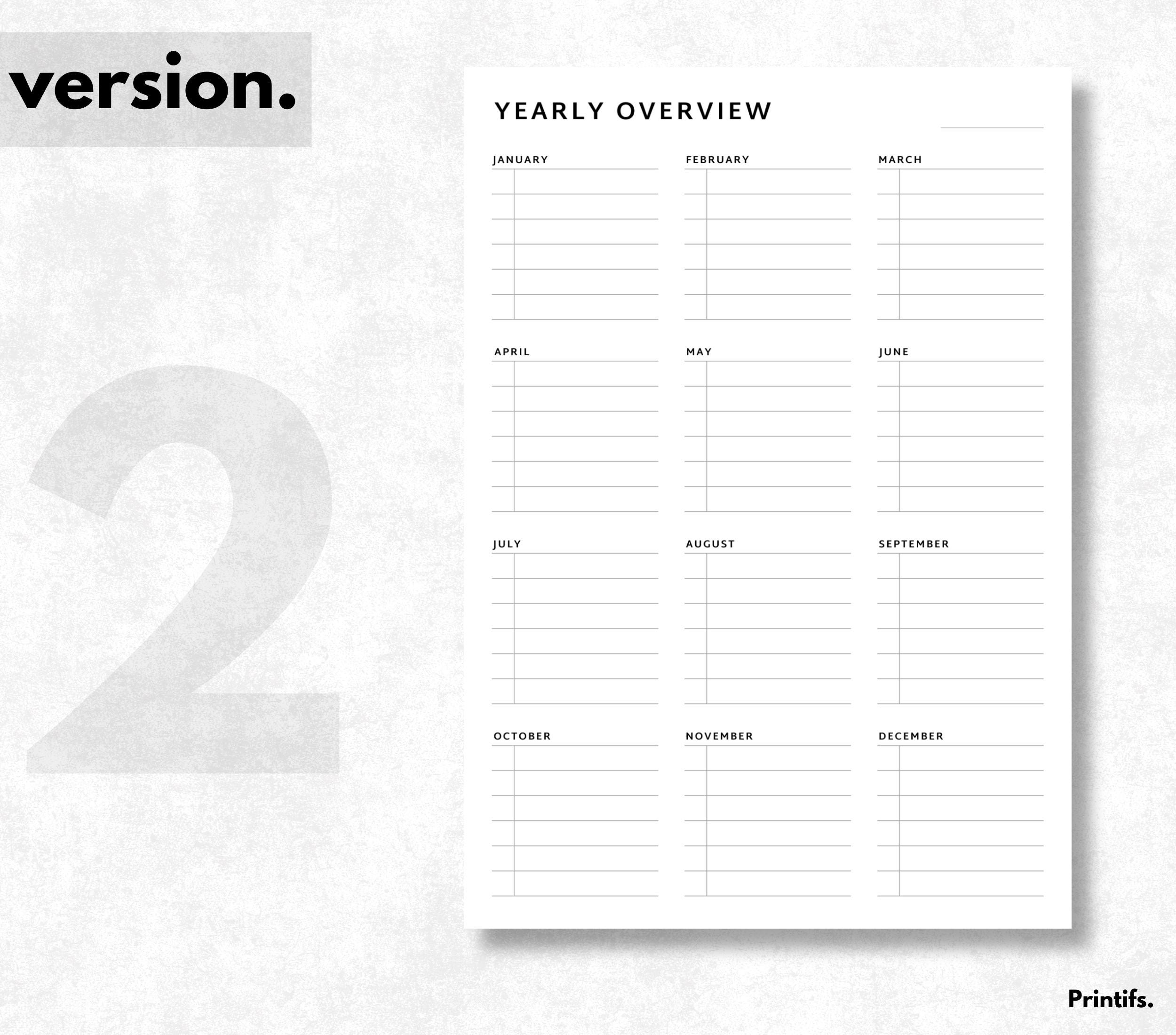 Yearly Overview, Printable Yearly Planner on One Page, Year at a Glance ...