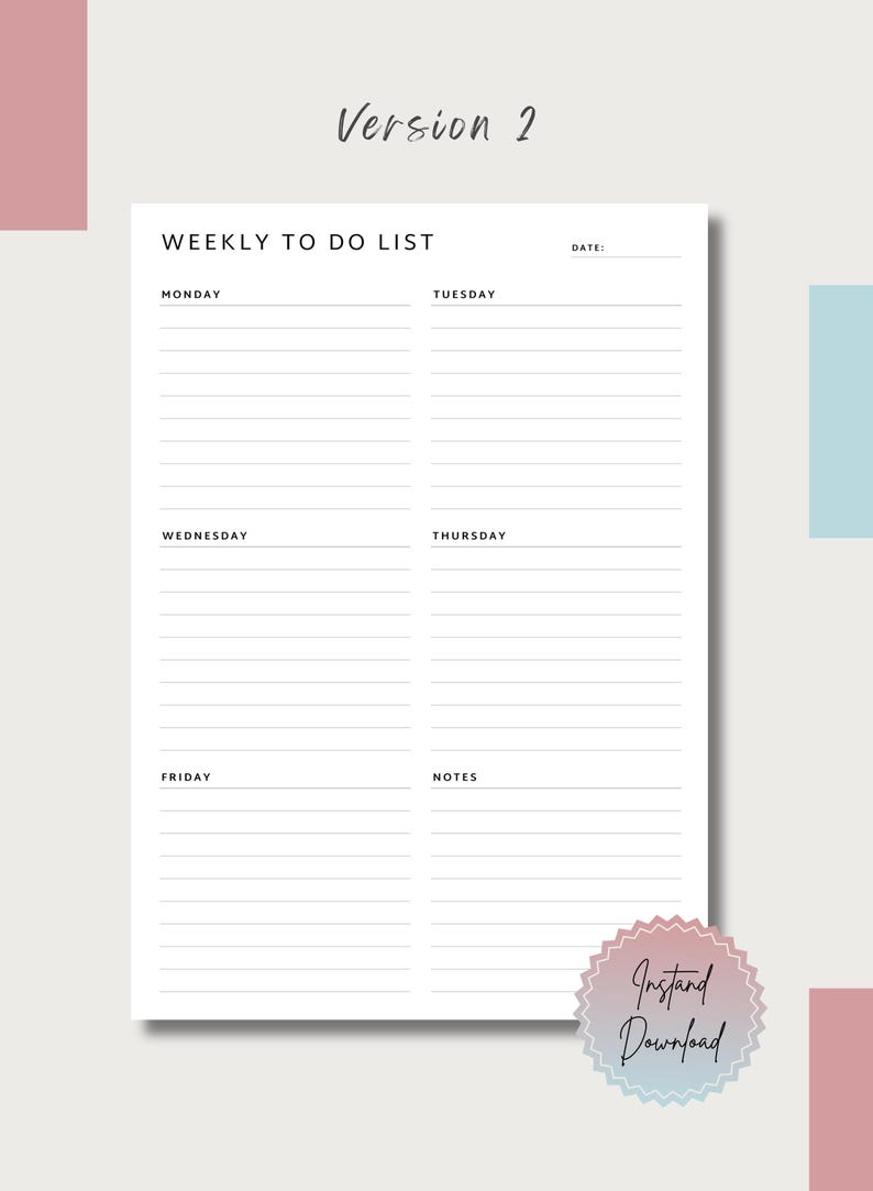 Five Day Week to Do List Printable, Minimal Weekly Planner Template ...