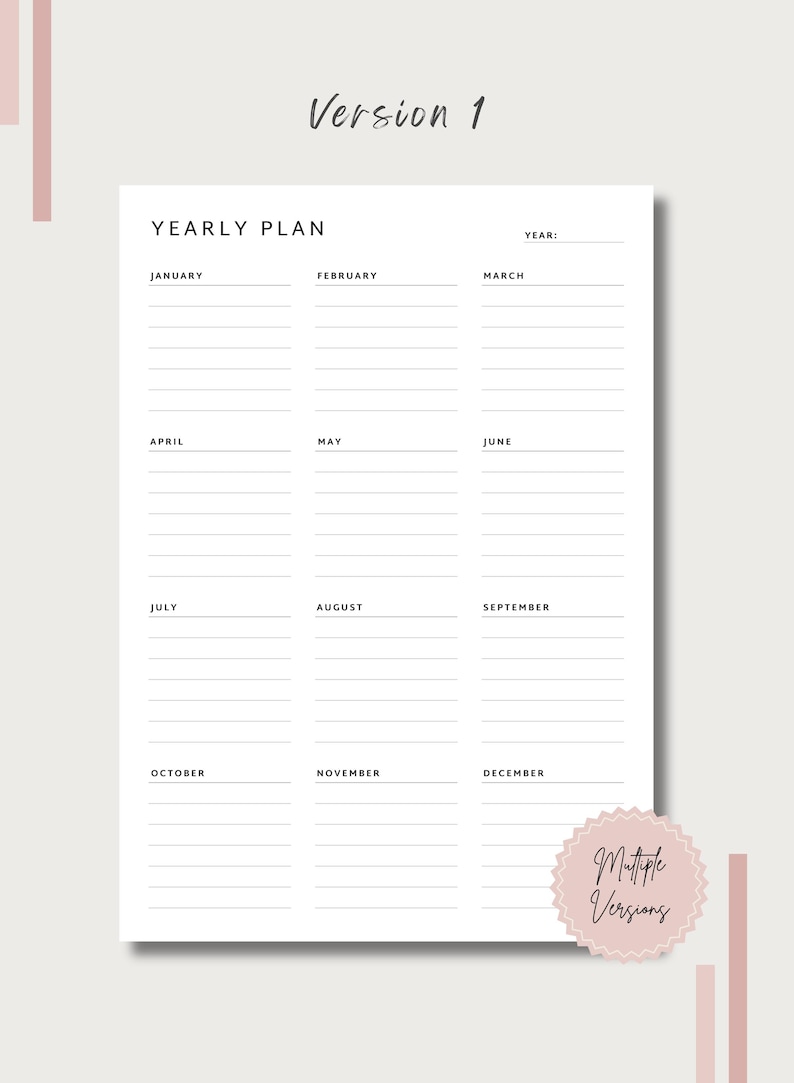 Yearly Overview, Printable Yearly Planner on One Page, Year at a Glance ...