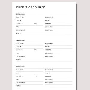 Credit Card Information Tracker Printable & Fillable, Credit Card Log ...