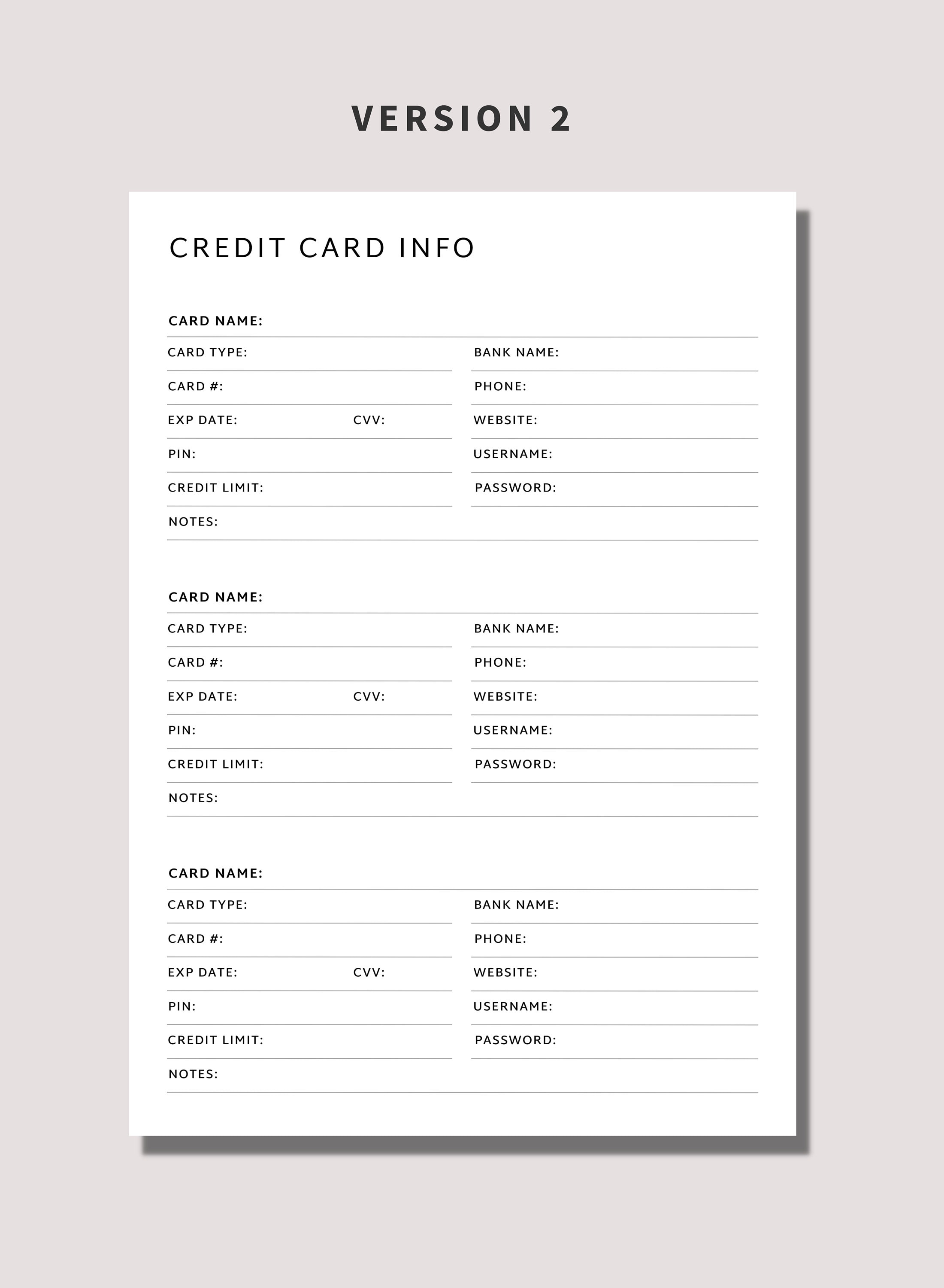 Credit Card Information Tracker Printable & Fillable, Credit Card Log ...