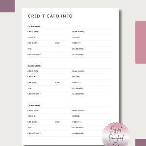 Credit Card Information Tracker Printable & Fillable, Credit Card Log ...