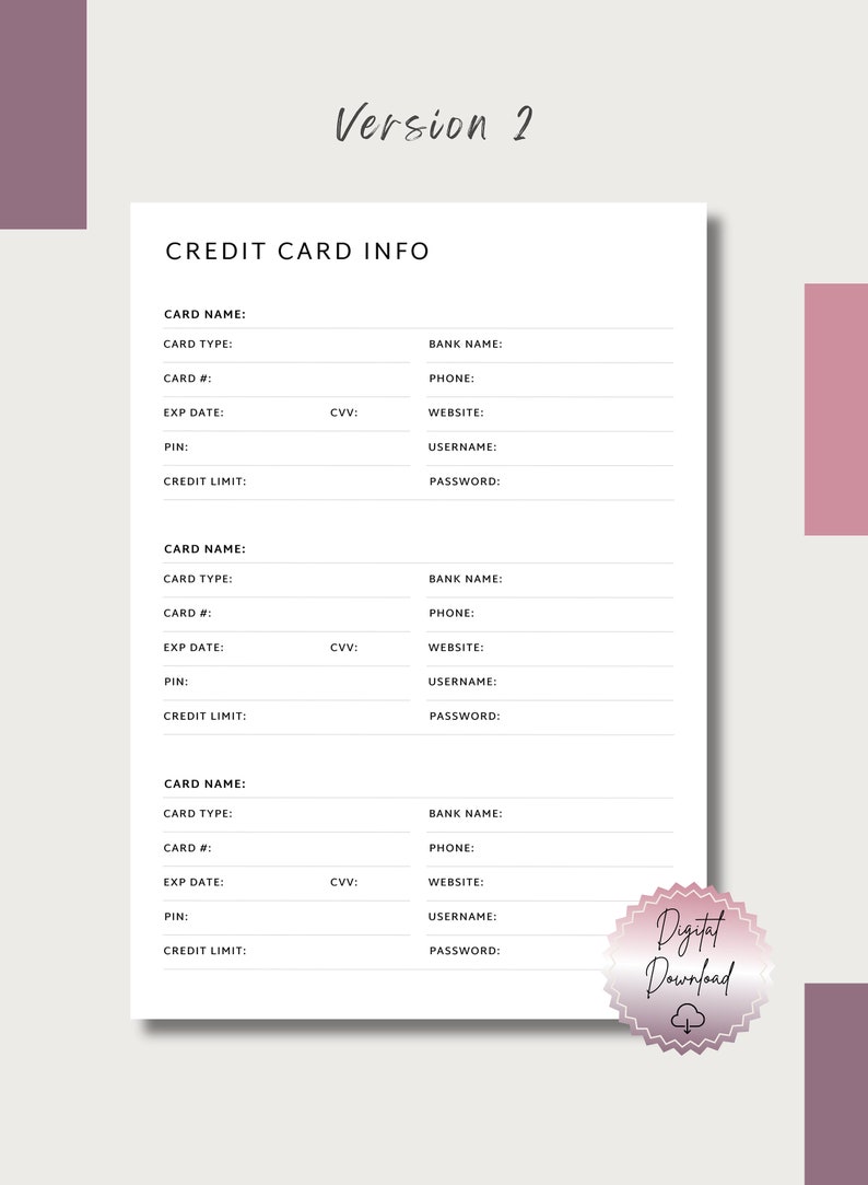 Credit Card Information Tracker Printable & Fillable, Credit Card Log ...