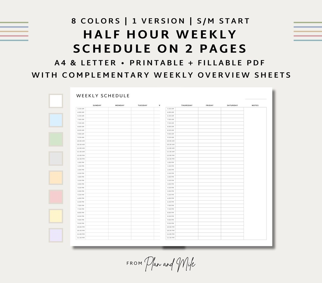 Half Hour Weekly Schedule on 2 Pages, Weekly Planner Printable, Week at ...