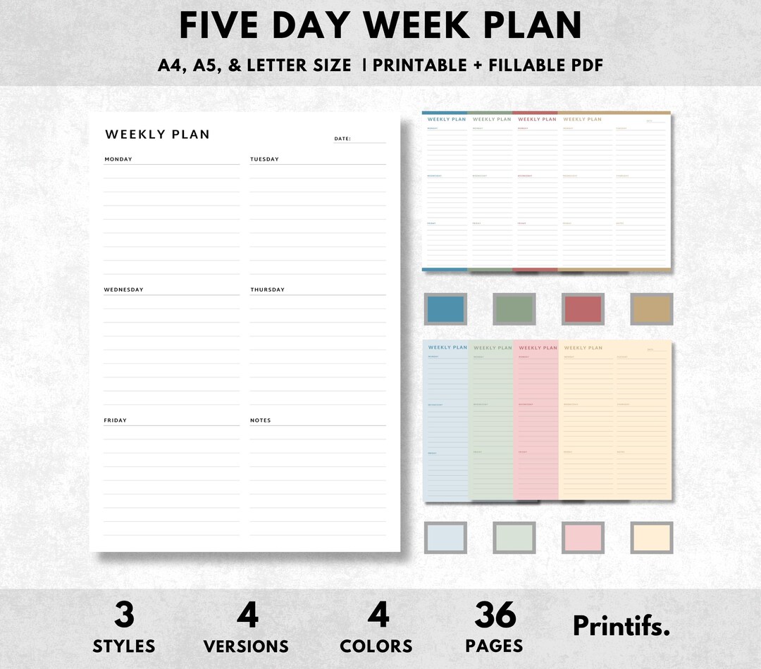 Five Day Weekly Planner Printable: Minimalist A4/letter (PDF) - Etsy