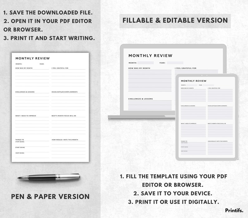 Monthly Review, Monthly Reflection, Monthly Evaluation, Monthly Summary, Printable Insert ...