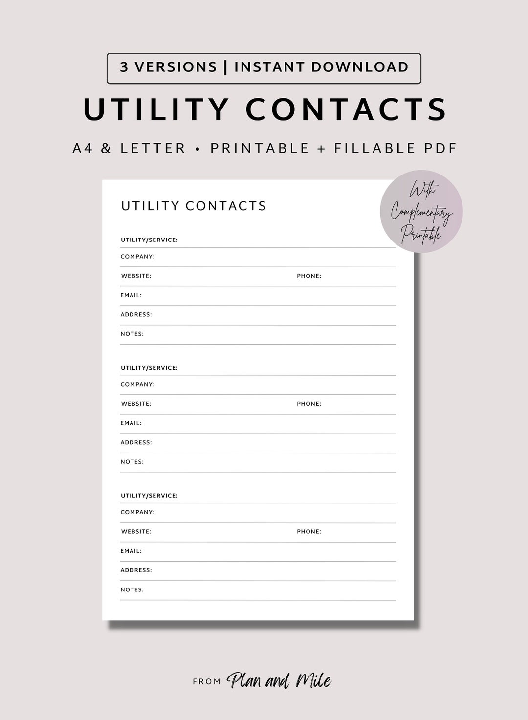 Printable Utility Contacts Template, Service Provider Contact List ...