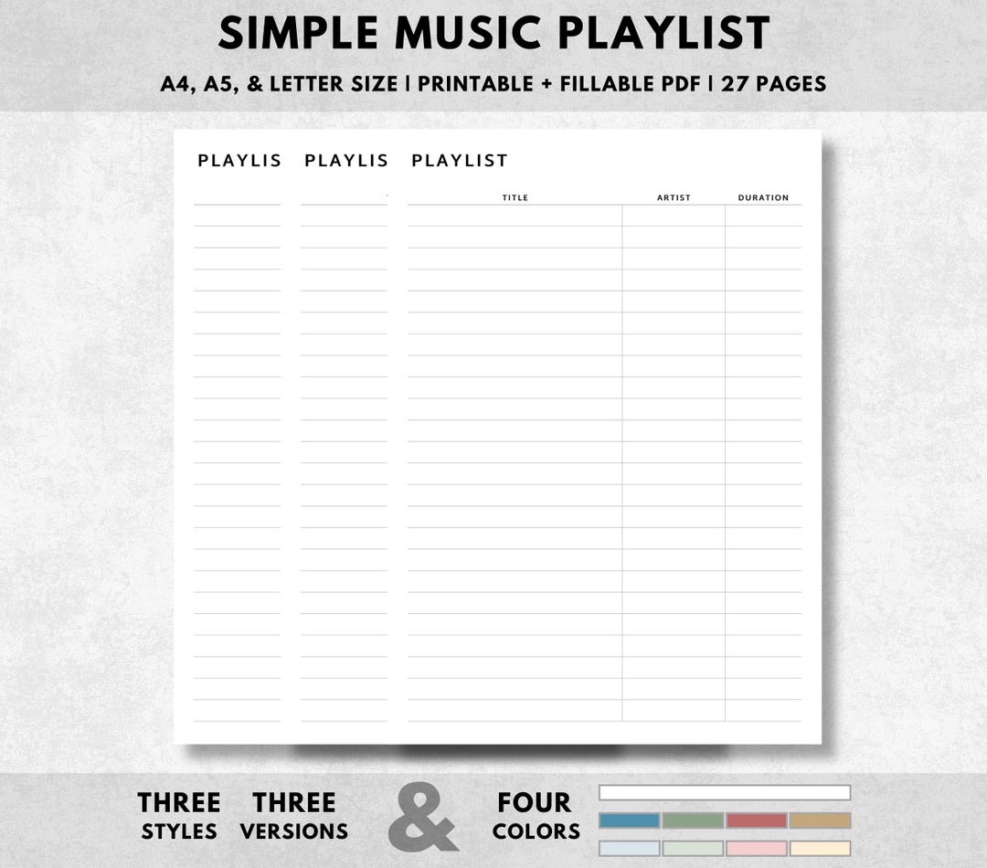 Music Playlist Log Printable: Song List Organizer (a4/a5/letter) (PDF ...