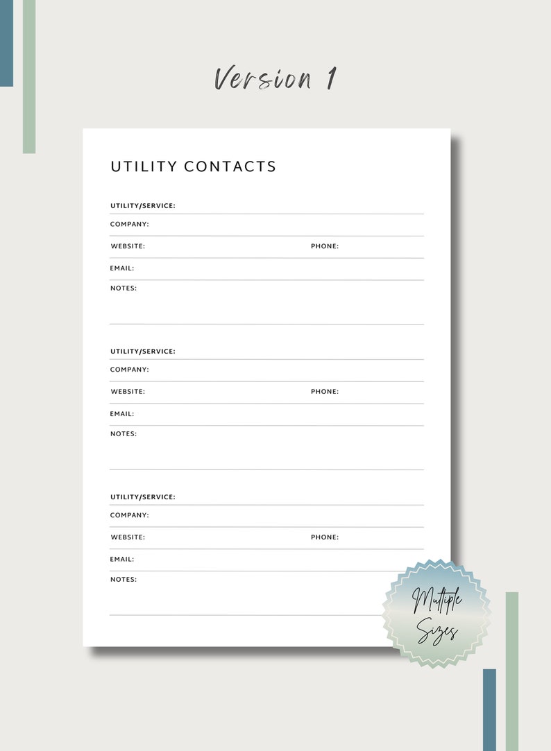 Printable Utility Contacts Template, Service Provider Contact List ...