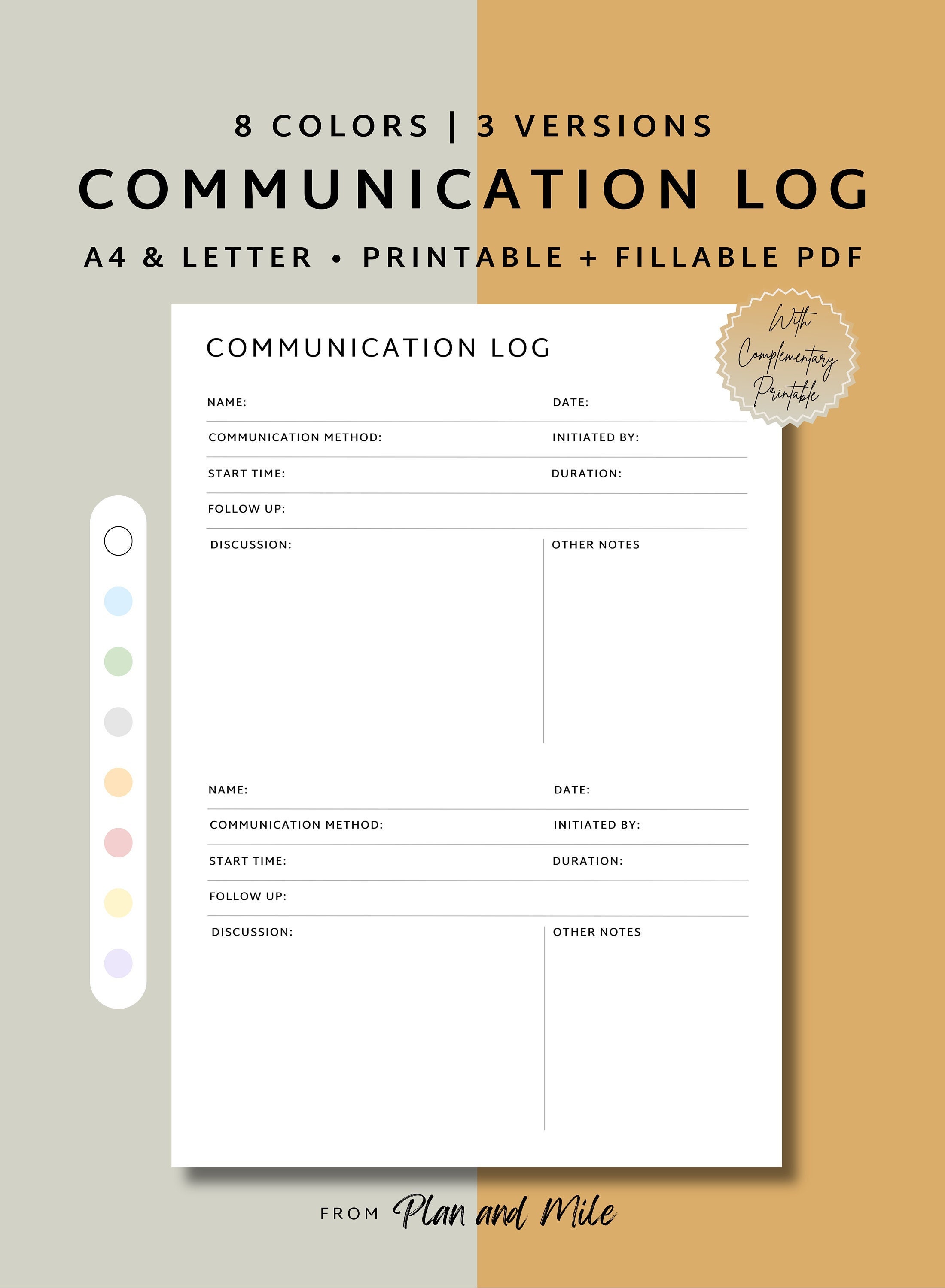 Printable Communication Log, Call Log Template, Parent Communication Log, Conversation Record ...