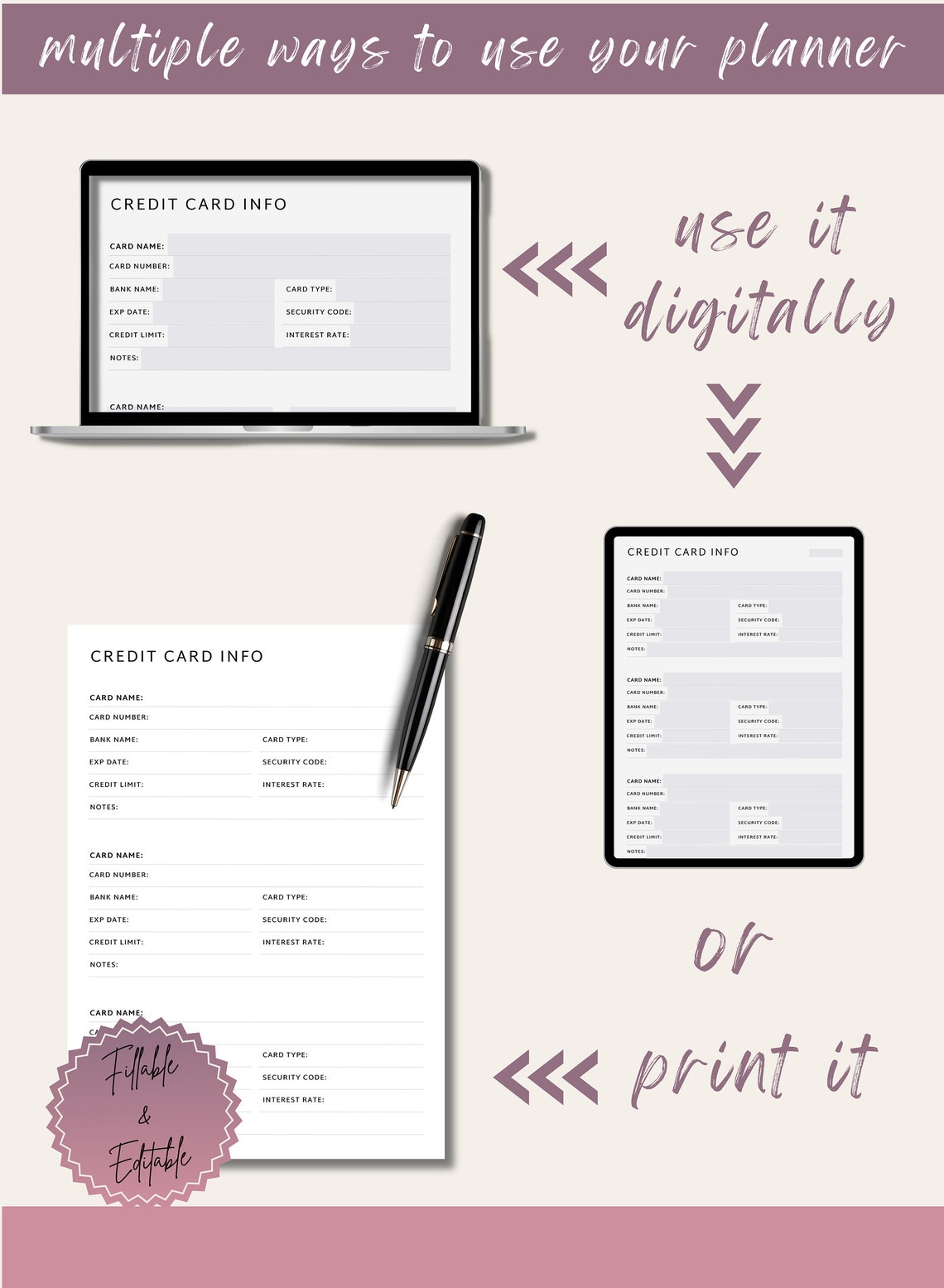 Credit Card Information Tracker Printable & Fillable, Credit Card Log ...