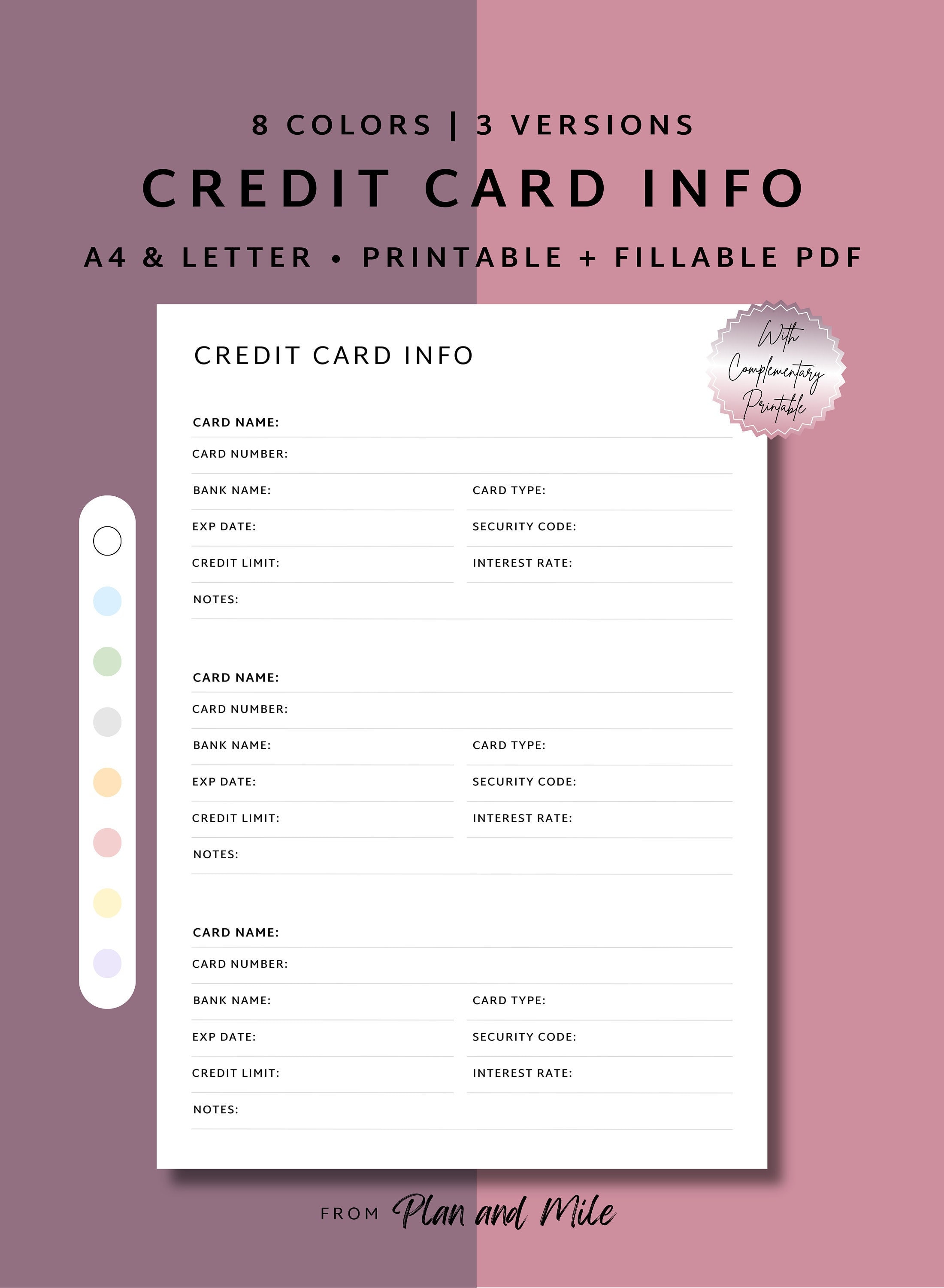 Credit Card Information Tracker Printable & Fillable, Credit Card Log ...