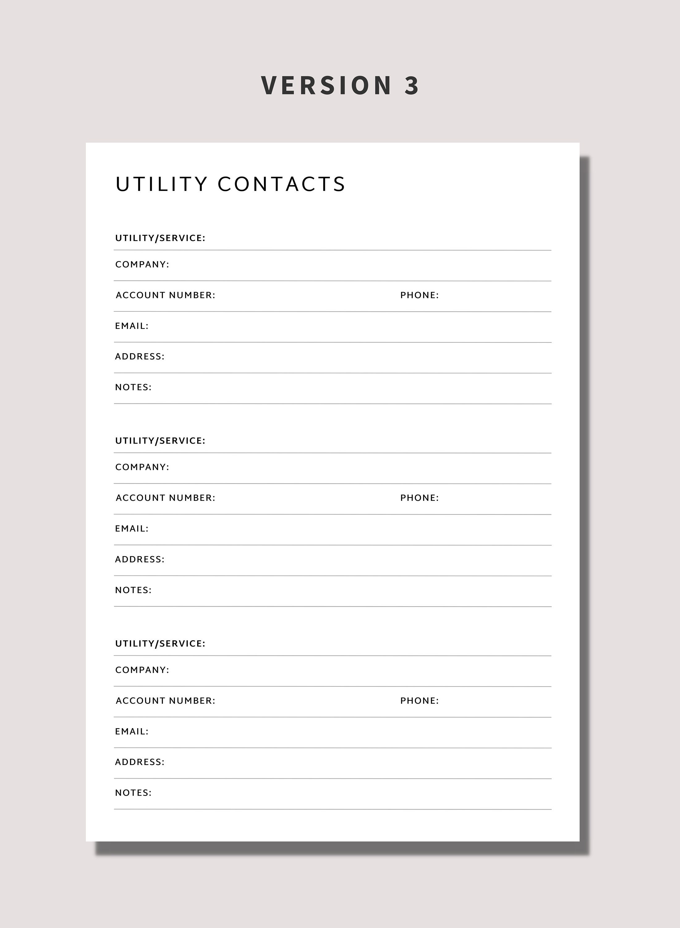 Printable Utility Contacts Template, Service Provider Contact List ...