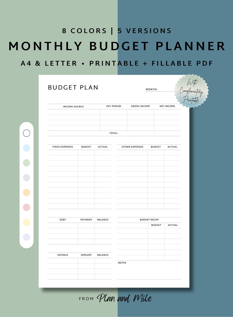 Monthly Budget Planner Printable & Fillable PDF, Budget Tracker ...