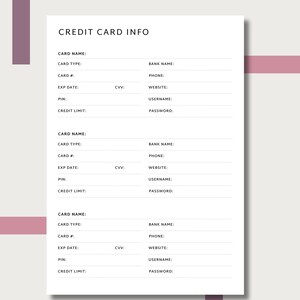 Credit Card Information Tracker Printable & Fillable, Credit Card Log ...