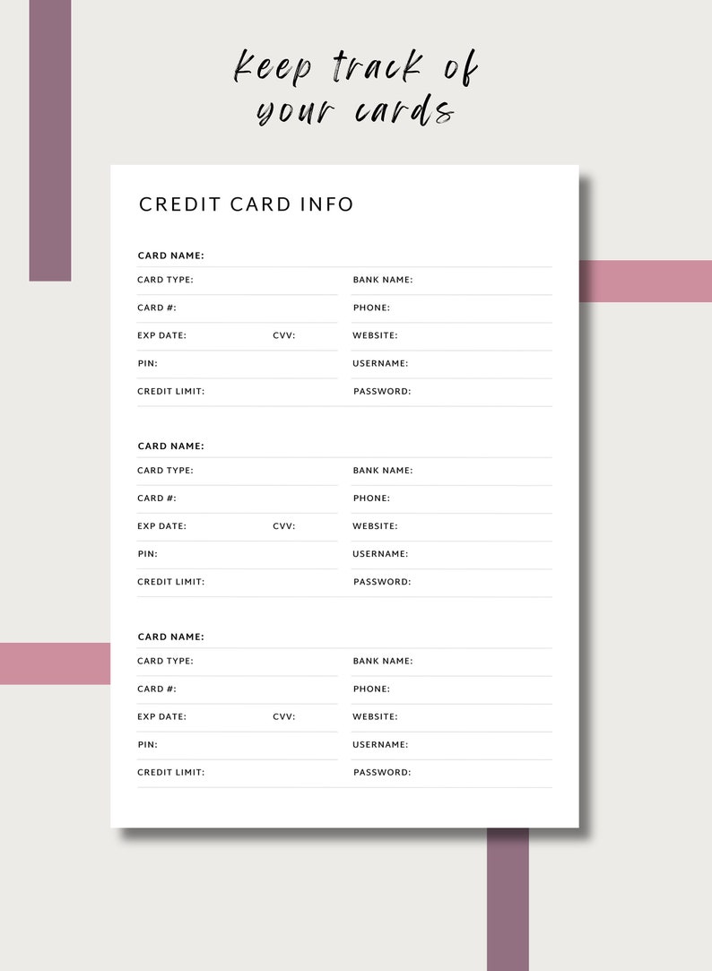Credit Card Information Tracker Printable & Fillable, Credit Card Log ...