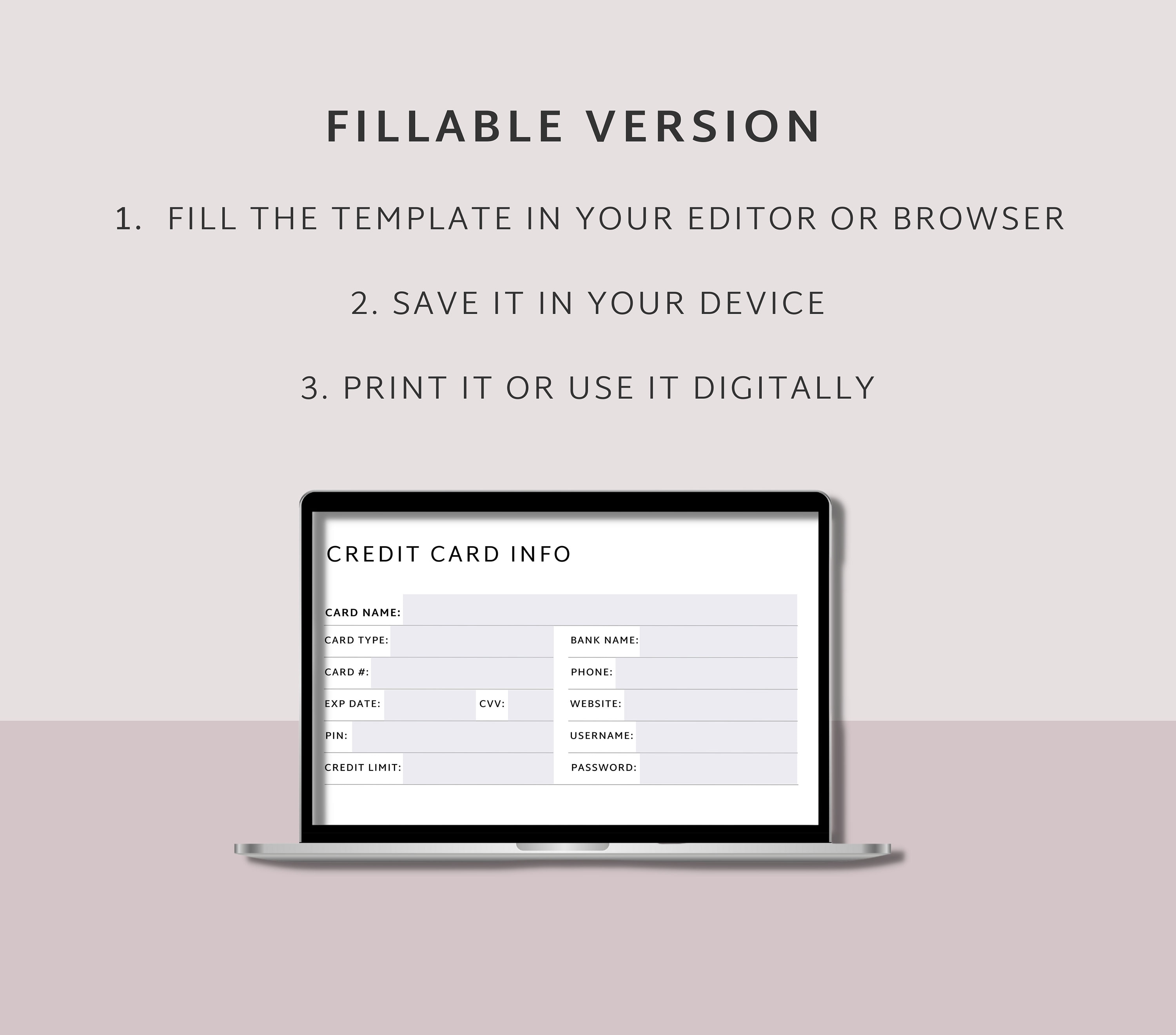 Credit Card Information Tracker Printable & Fillable, Credit Card Log ...