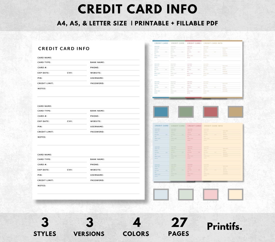 Credit Card Information Tracker Printable & Fillable, Credit Card Log ...