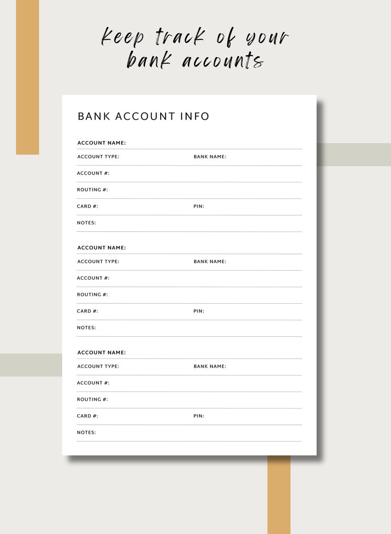 Bank Account Information Tracker Printable, Bank Account Tracker, Bank ...