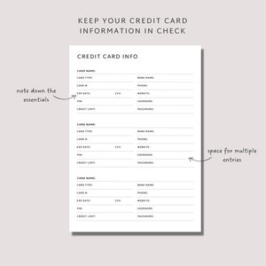 Credit Card Information Tracker Printable & Fillable, Credit Card Log ...