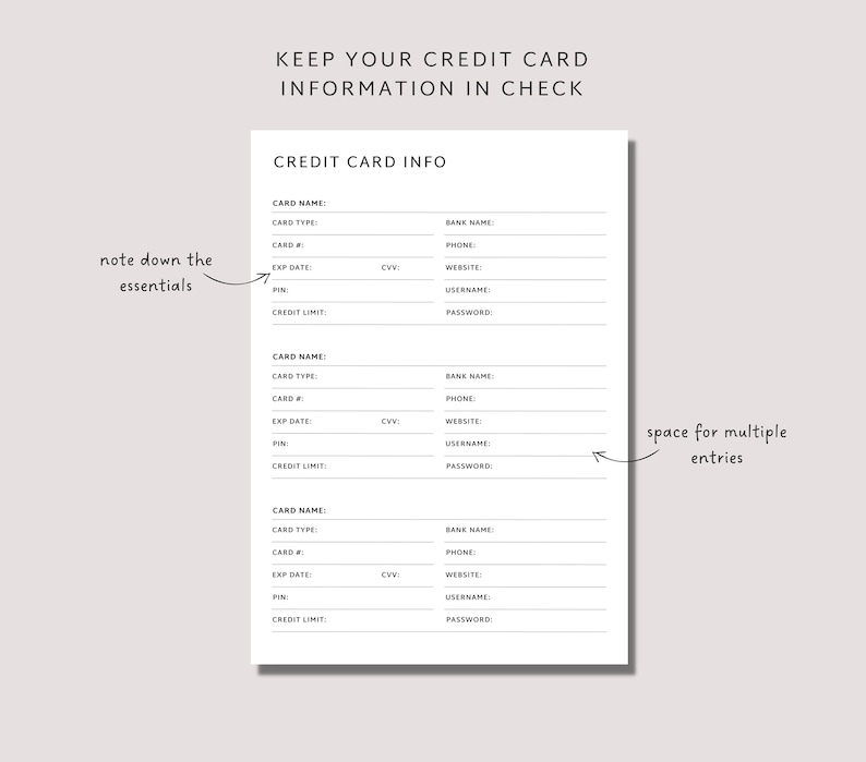 Credit Card Information Tracker Printable & Fillable, Credit Card Log ...