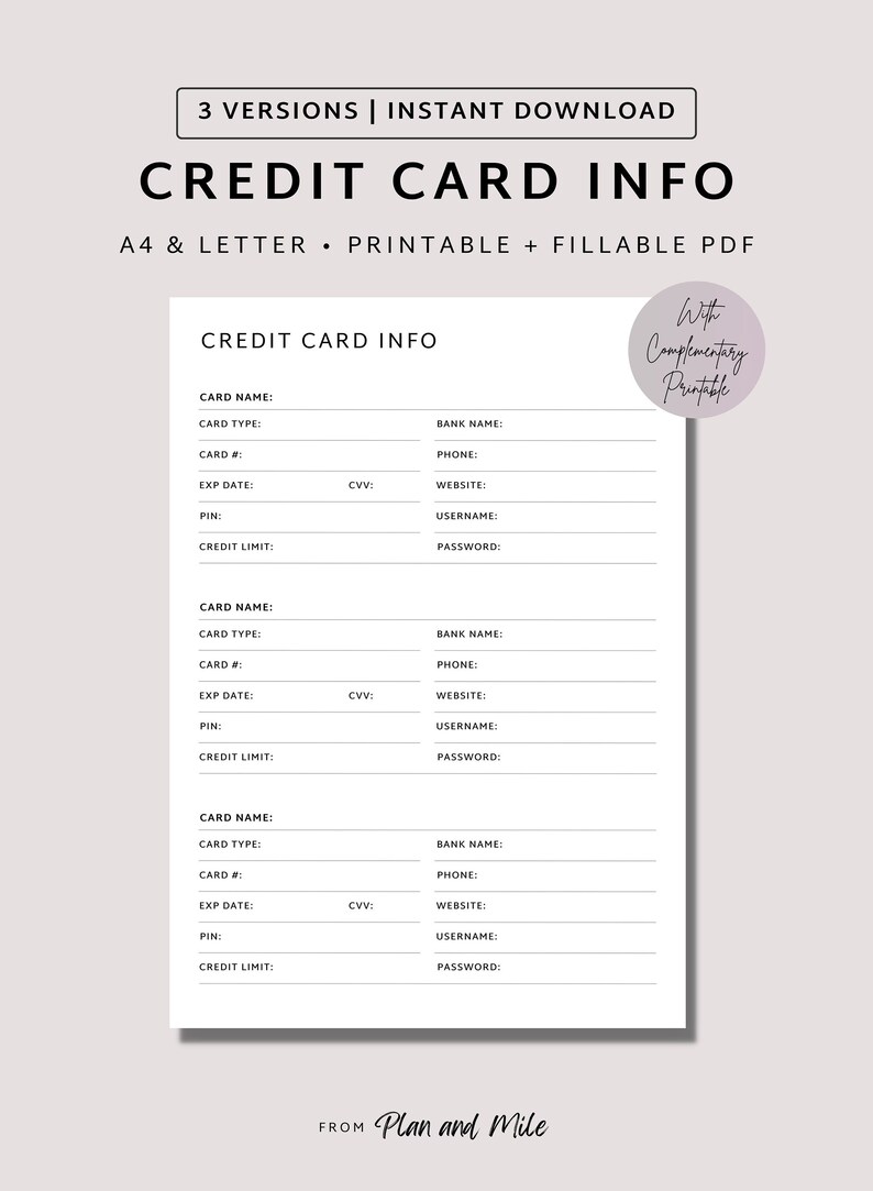 Credit Card Information Tracker Printable & Fillable, Credit Card Log ...